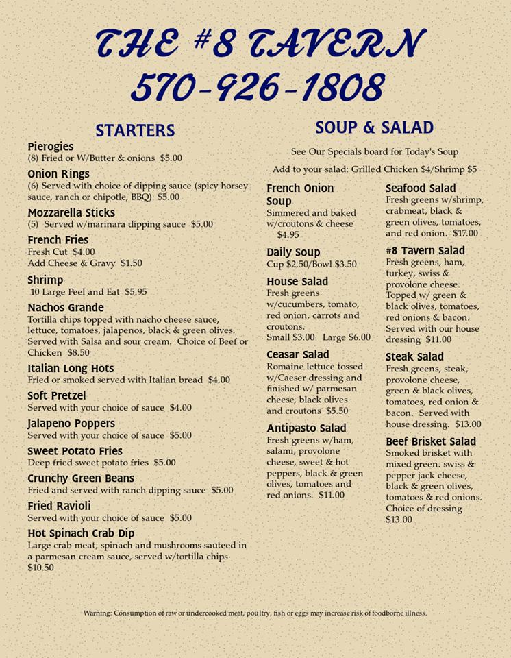 Menu at #8 Tavern pub & bar, McAdoo