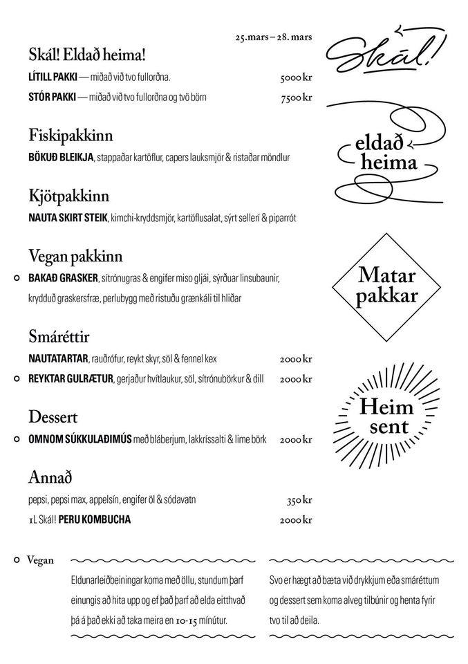 Menu at Skál! restaurant, Reykjavík