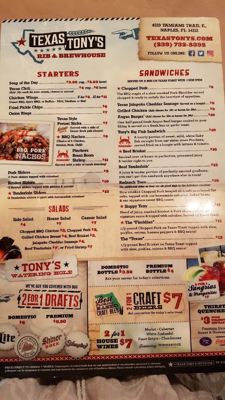 Menu at Texas Tony's Rib & BrewHouse BBQ, Naples