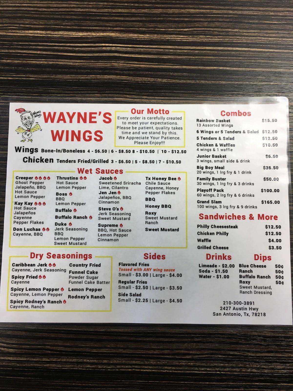 Menu at Wayne's Wings restaurant, San Antonio, Walzem Rd