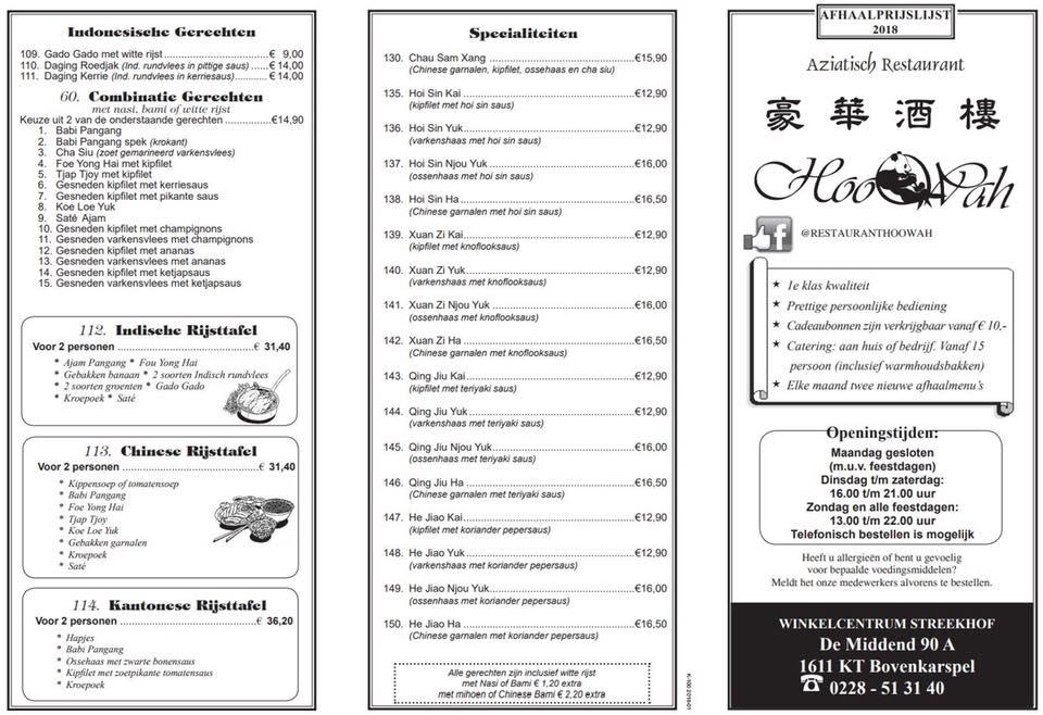 Menu at Aziatisch Restaurant Hoo Wah, Bovenkarspel