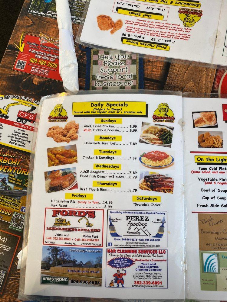 Menu at Grannie's Country Cookin' restaurant, Starke