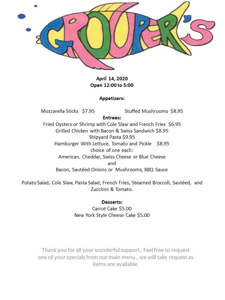 Menu at Grouper's Waterfront Restaurant, Elizabeth City