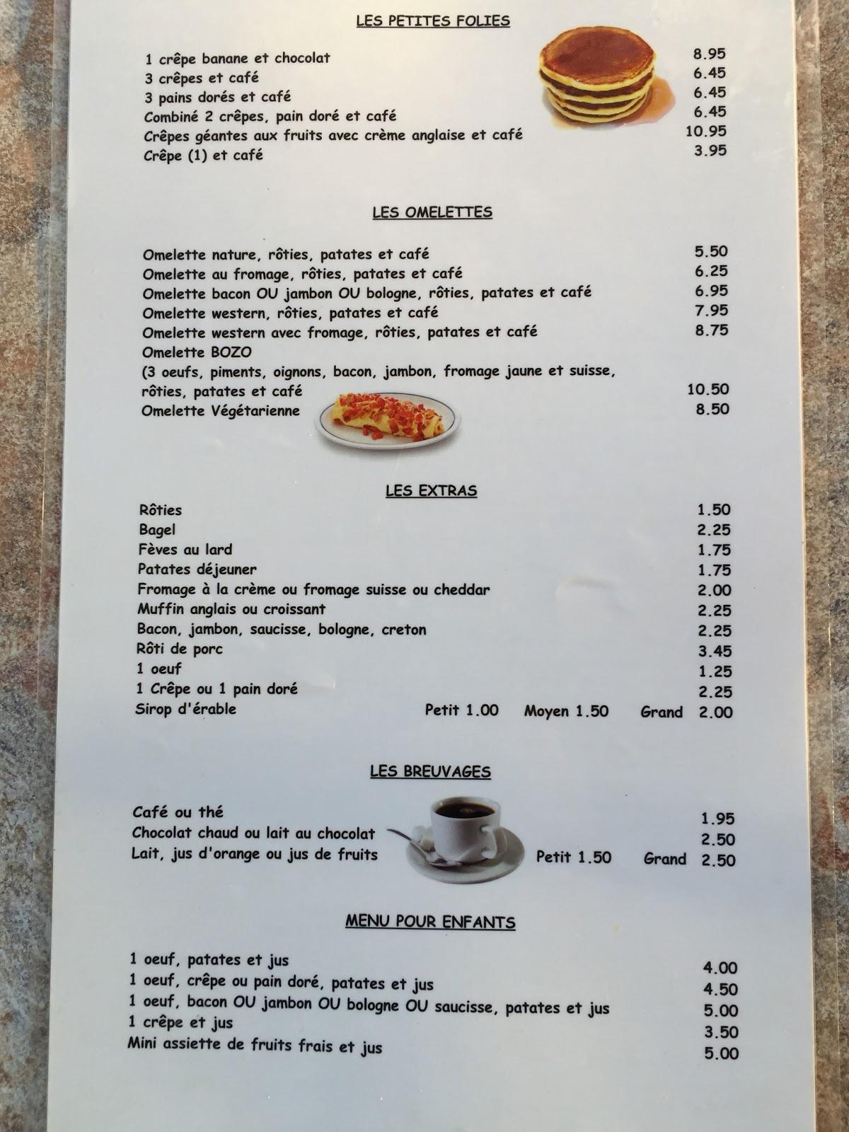 Menu au Restaurant Nuevo Bozo, Prévost
