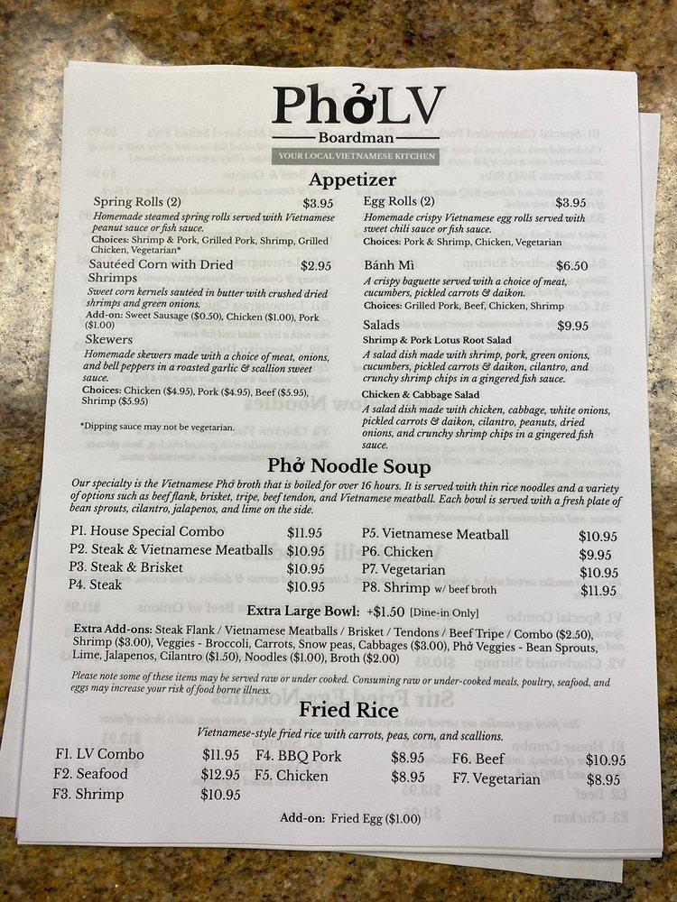 Menu at Pho LV restaurant, Boardman