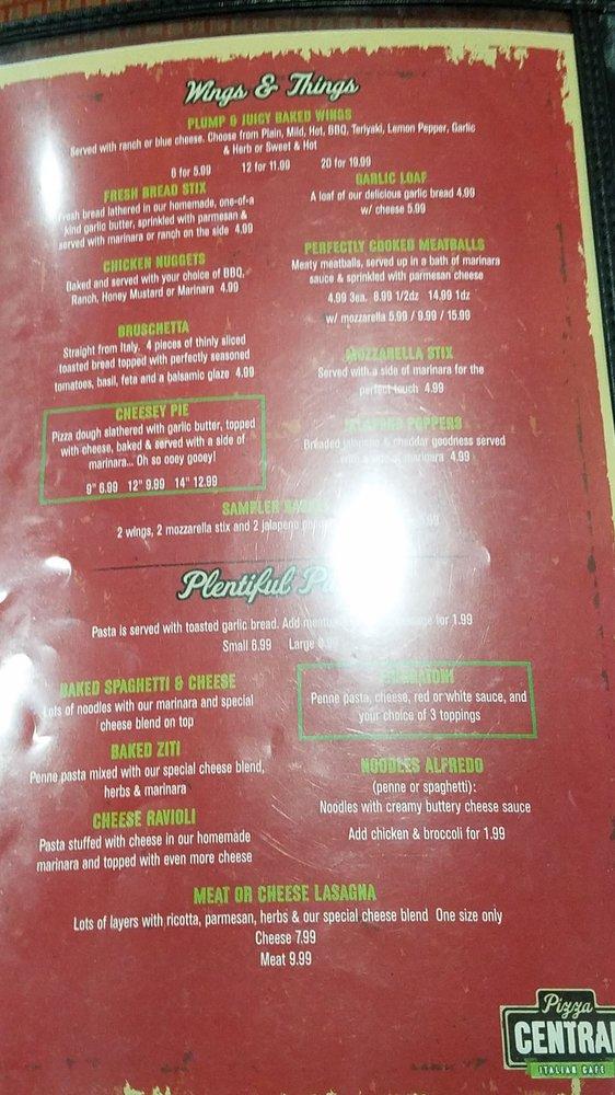 Carta de pizzería Pizza Central, Evans