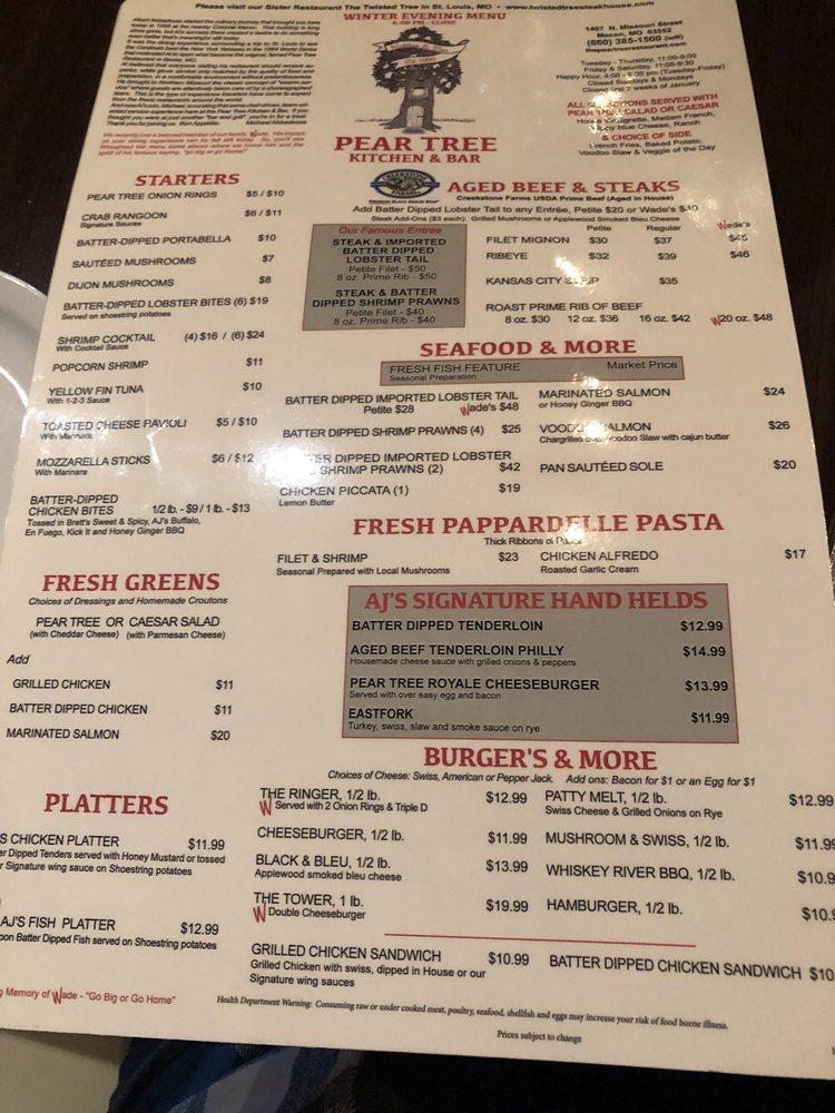 Menu at The Pear Tree steakhouse, Macon