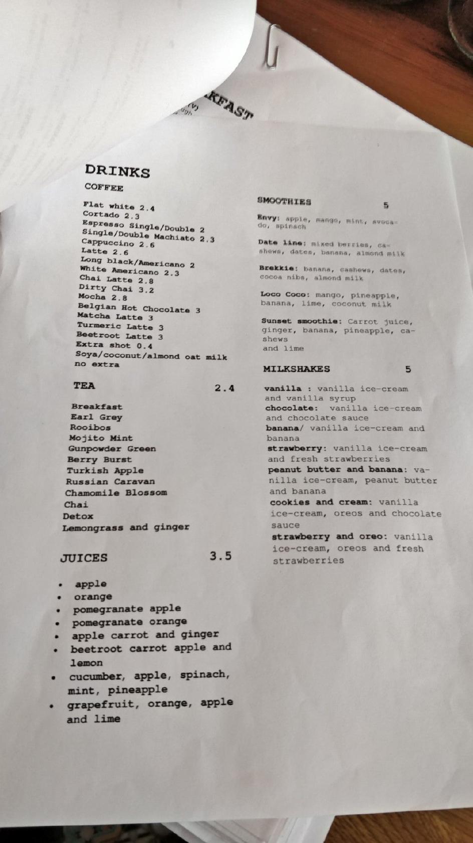 Menu at Wakey Wakey cafe, London