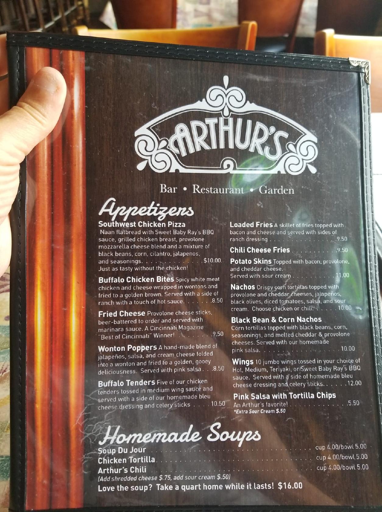 Menu at Arthur's pub & bar, Cincinnati, Beechmont Ave
