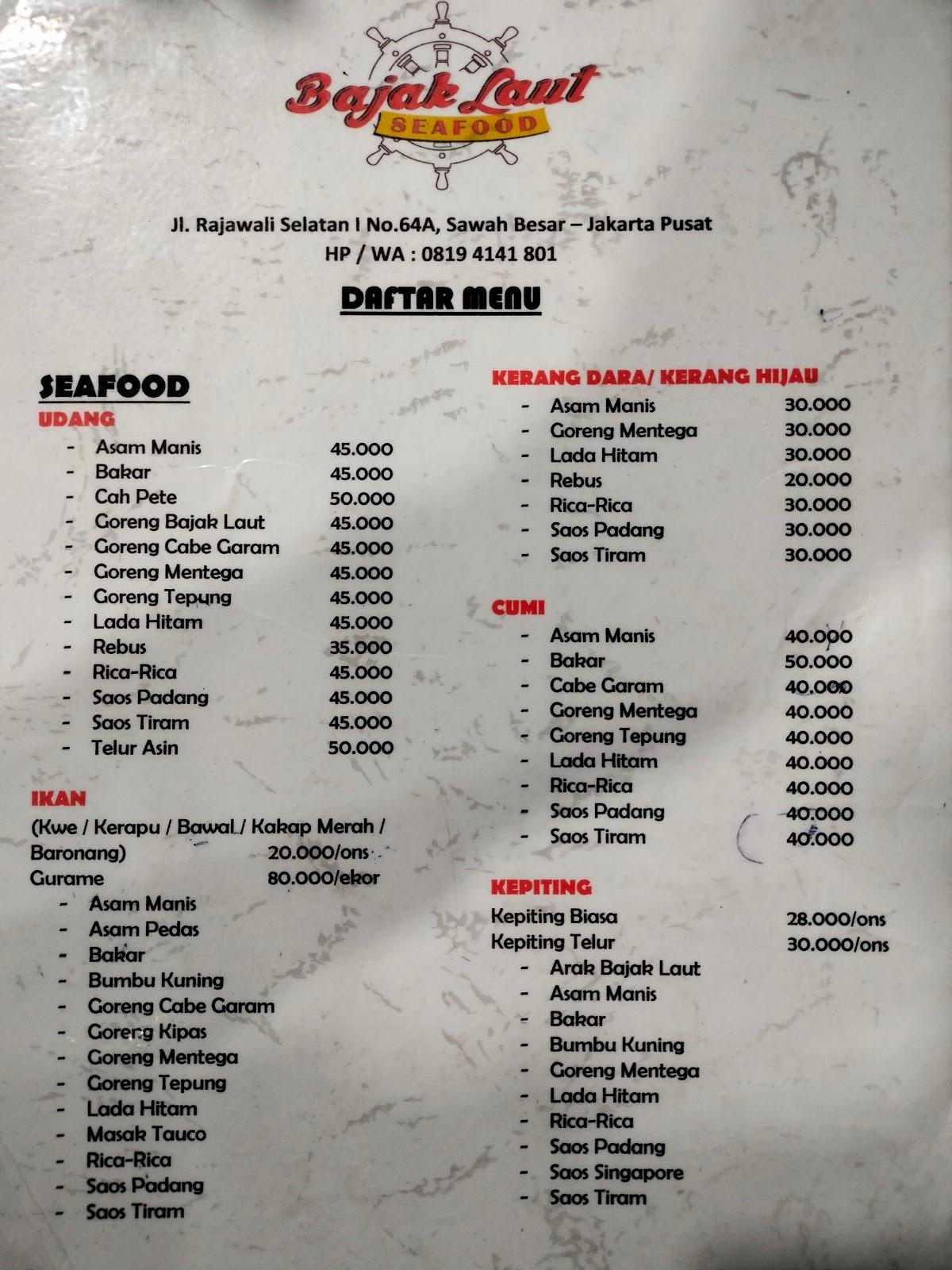 Menu at Bajak Laut Seafood Rajawali restaurant, Central Jakarta
