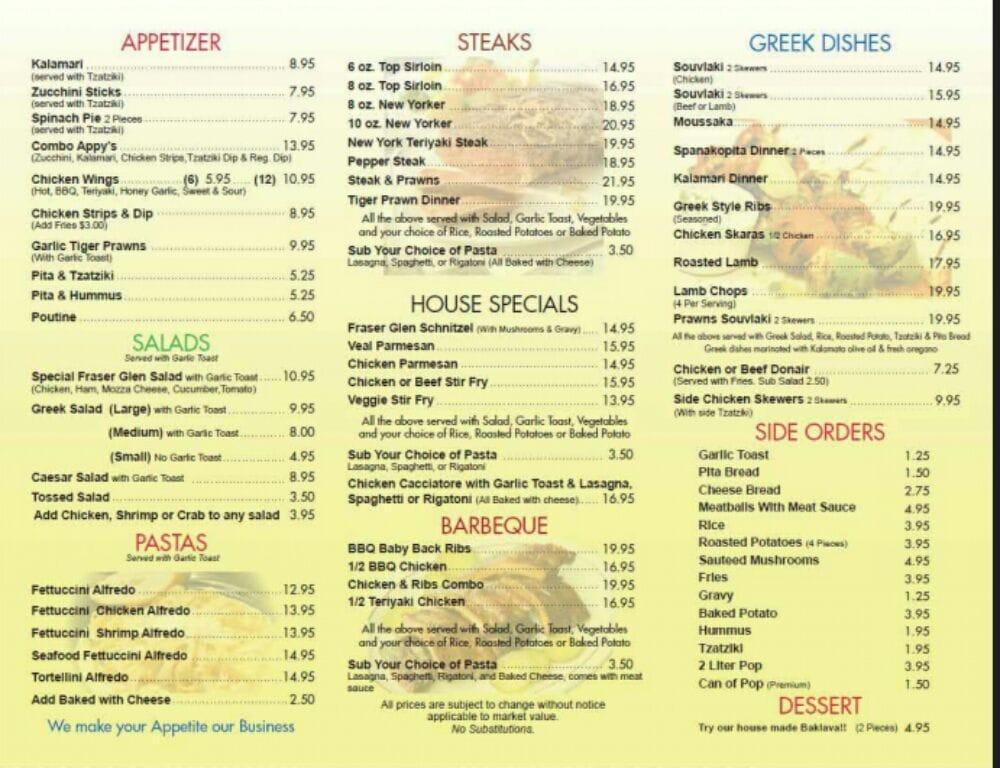 Menu at Fraser Glen Pizza pizzeria, Surrey, 104 Ave