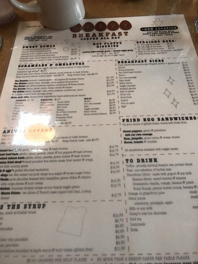 Menu at Gravy restaurant, Portland, N Mississippi Ave