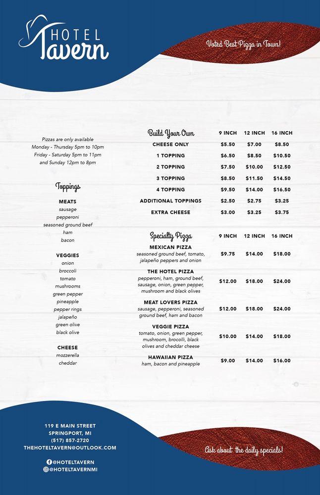 Menu at Hotel Tavern pub & bar, Springport