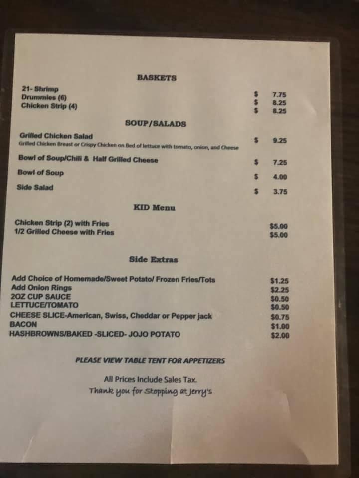 Menu at Jerry's Bar, Boy River