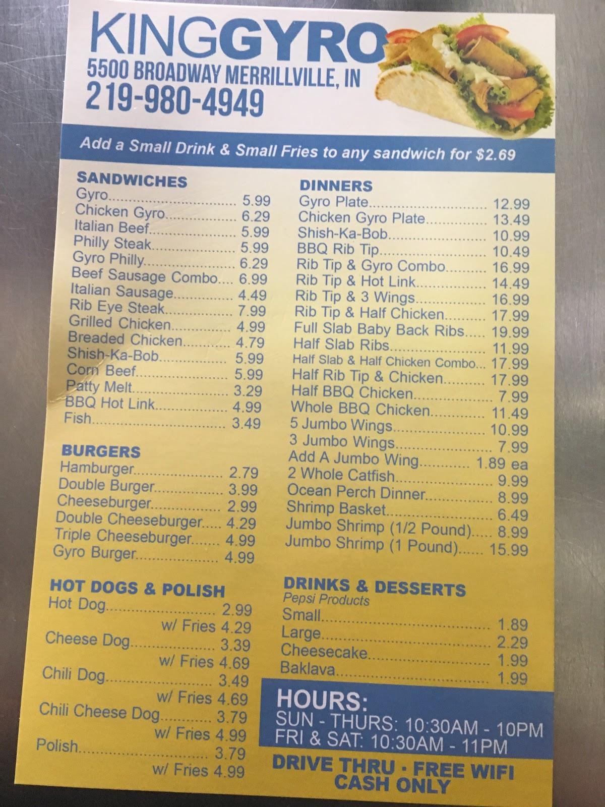 Menu at King Gyro Merrillville restaurant, Merrillville