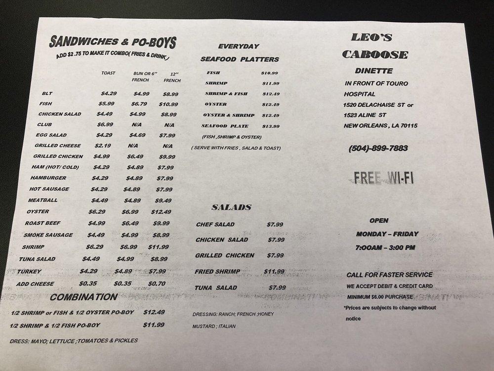 Menu at Leo Caboose restaurant, New Orleans