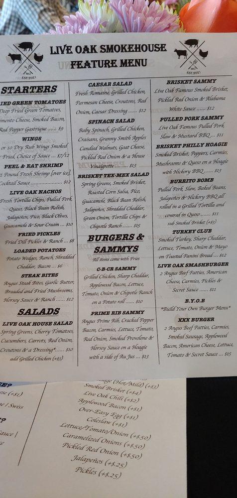 Menu at Live Oak Smokehouse BBQ, Moncks Corner