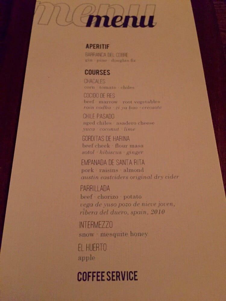 Menu at Mixtli restaurant, San Antonio, 812 S Alamo St STE 103