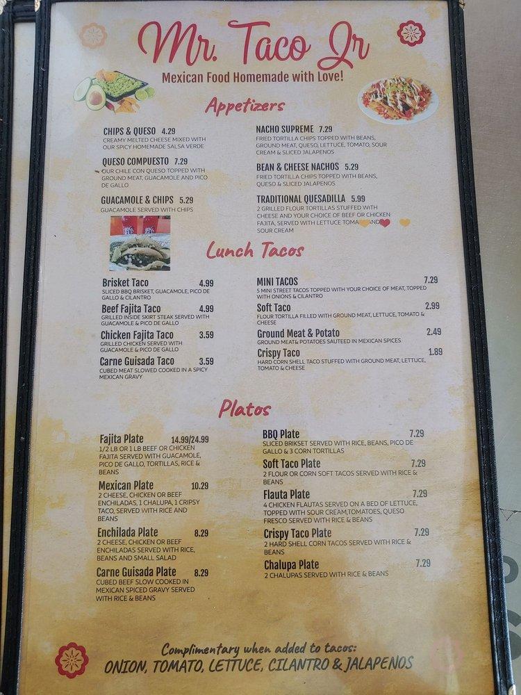 Menu at Mr. Taco Jr. restaurant, Whitehouse