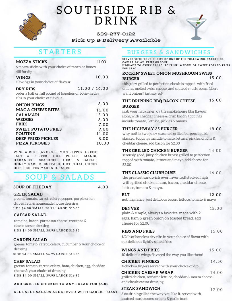 Menu at Southside Rib & Drink / D's Lounge pub & bar, Nipawin