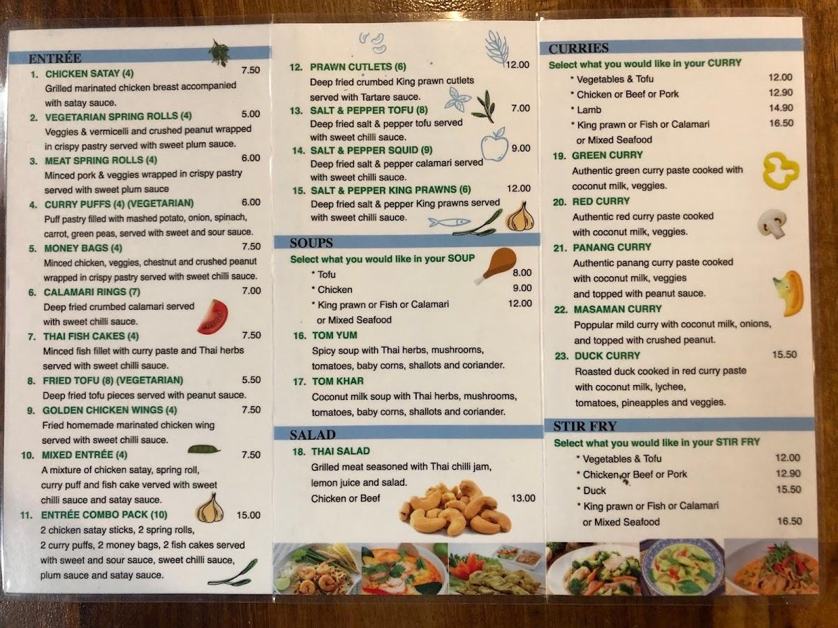 Menu at Ta Wan Thai restaurant, Waitara