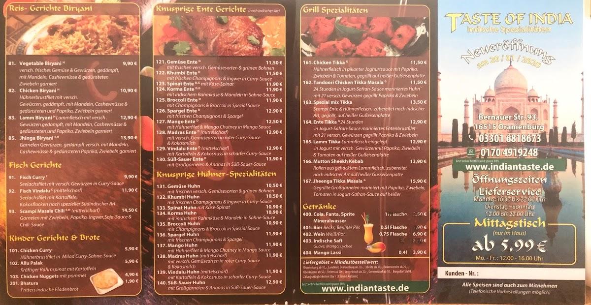 Menu at Taste of India restaurant, Oranienburg