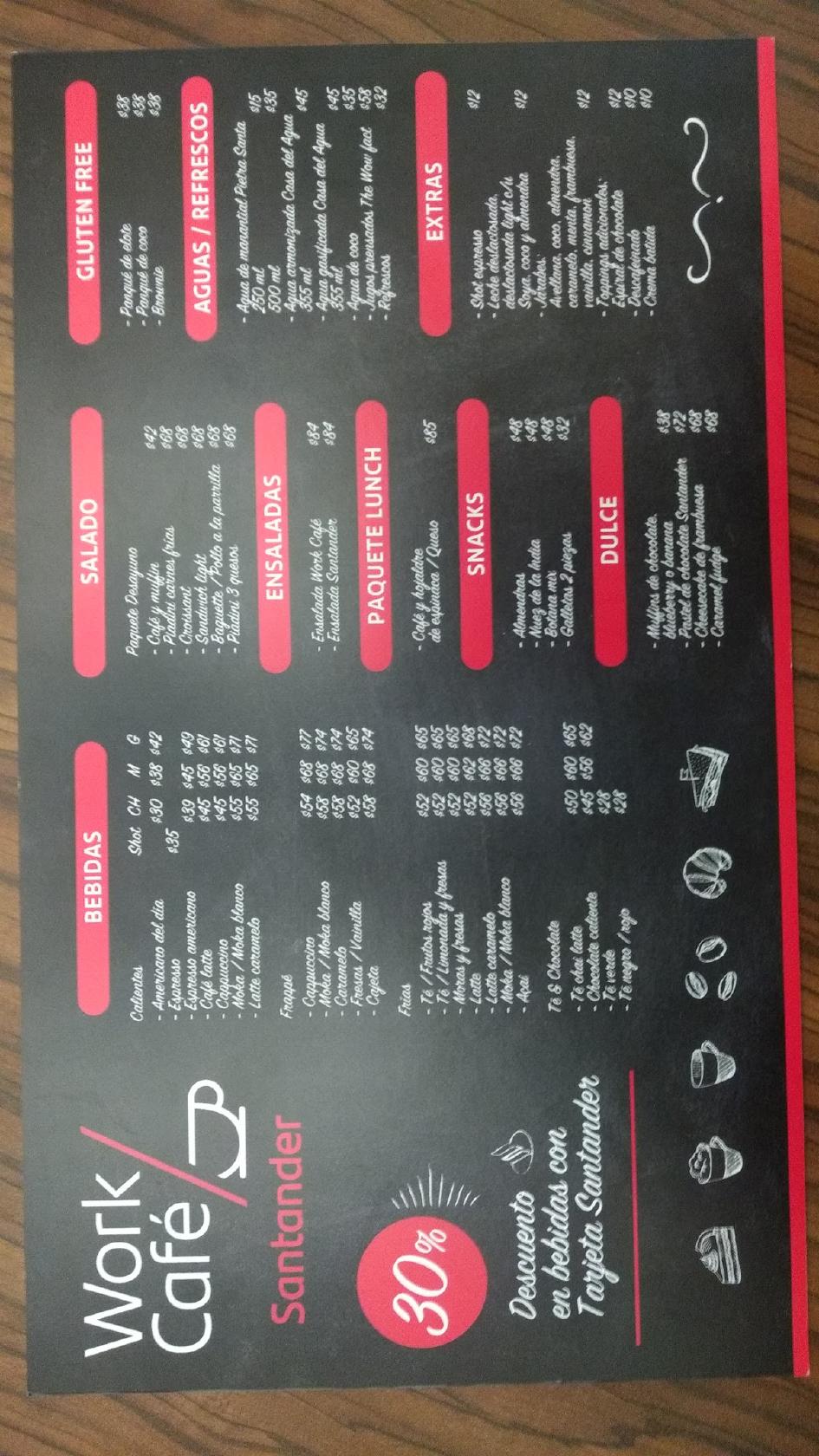 Menu at Work Café Santander, Mexico City