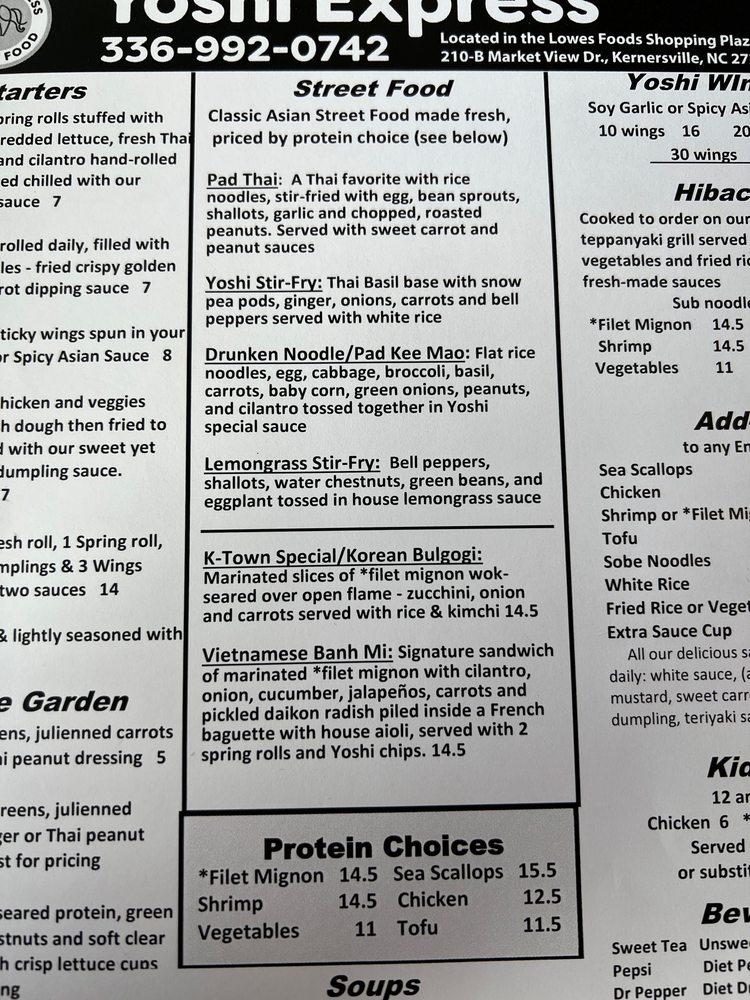 Menu at Yoshi Express restaurant, Kernersville