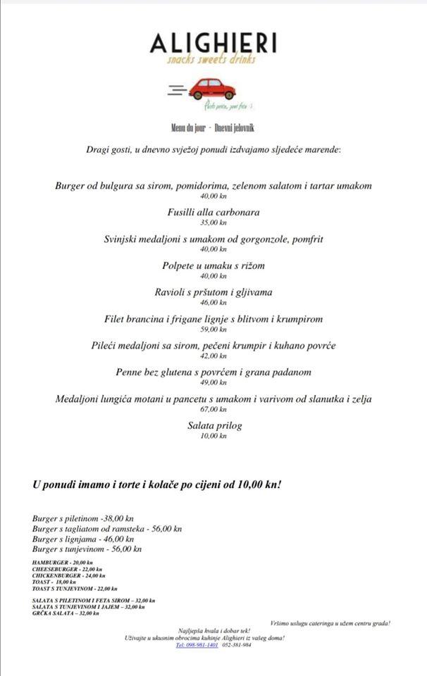 Menu at Bistro Alighieri restaurant, Pula