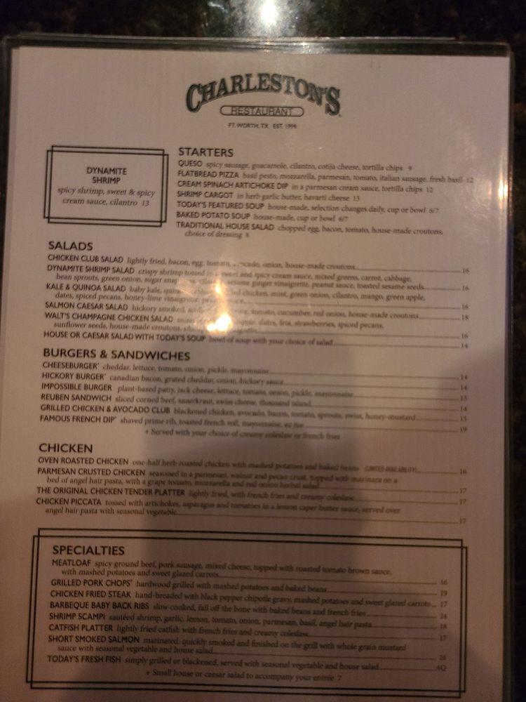 Menu at Charleston's Restaurant, Fort Worth
