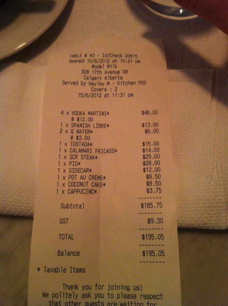Menu at Model Milk restaurant, Calgary