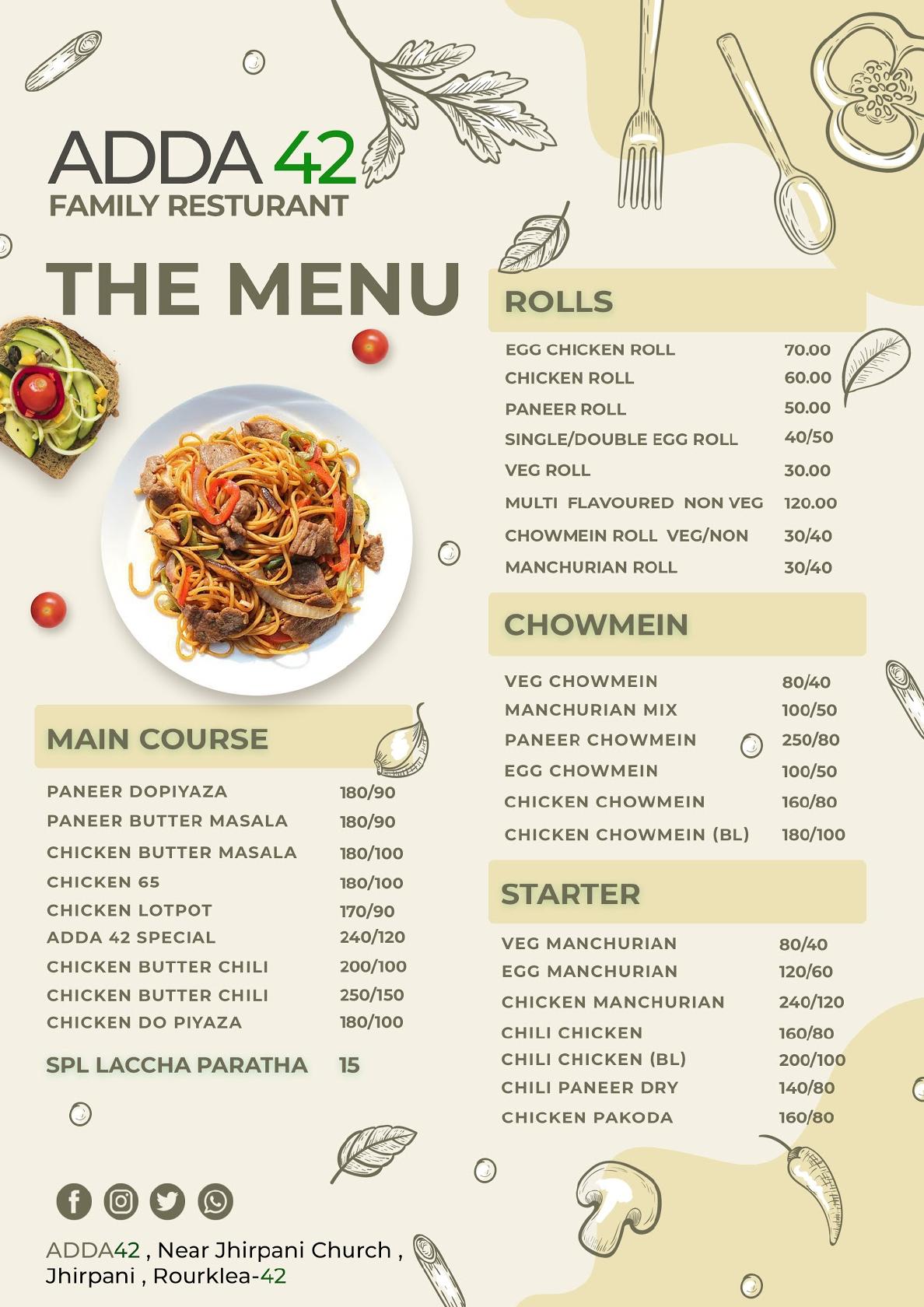 Menu at ADDA 42, Rourkela
