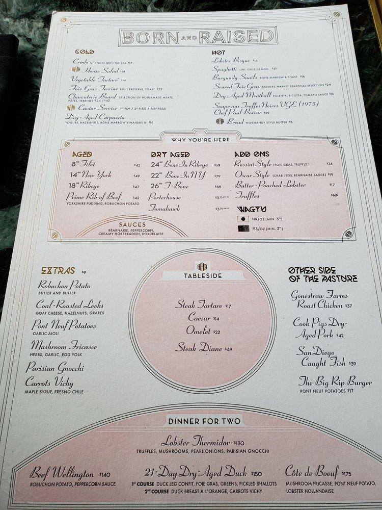 Menu at Born and Raised steakhouse, San Diego, India St