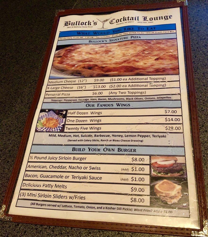 Menu at Bullock's Cocktail Lounge pub & bar, Phoenix