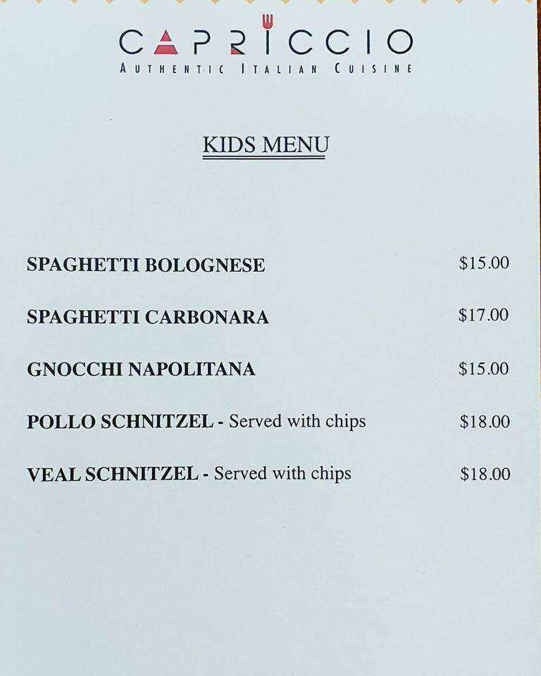 Menu at Capriccio restaurant, Glenelg