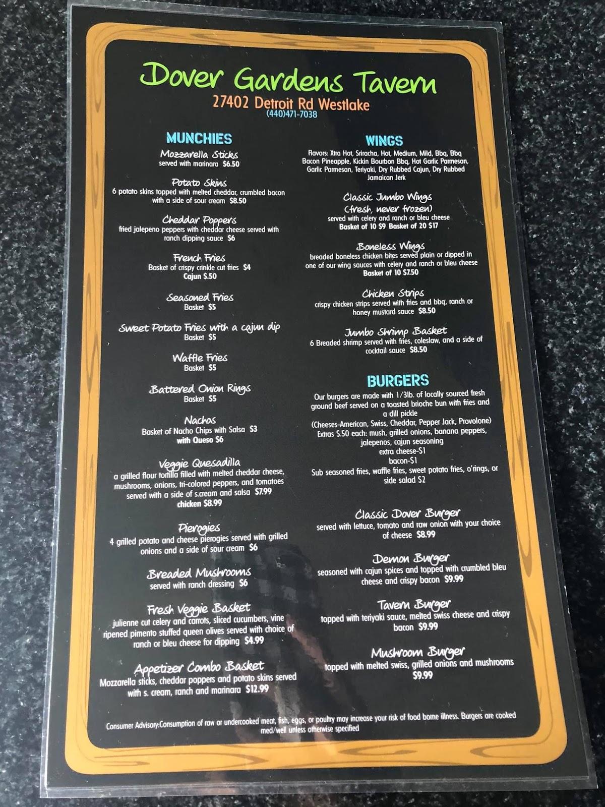 Menu at Dover Gardens Tavern pub & bar, Westlake