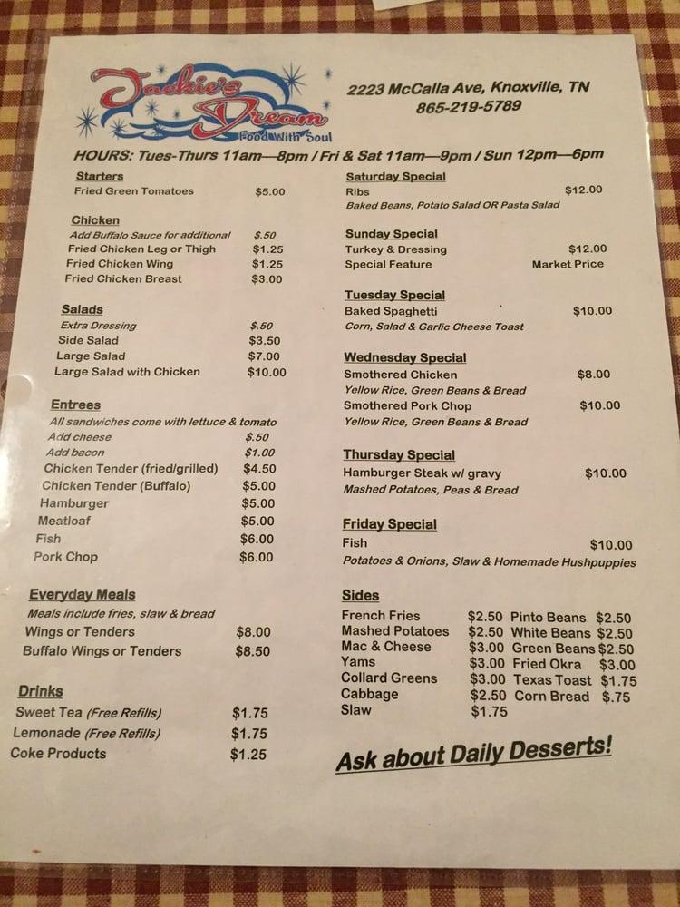Menu at Jackie's Dream restaurant, Knoxville, E Woodland Ave