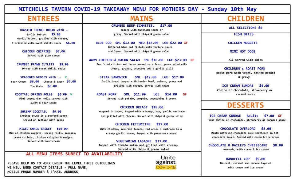 Menu at Mitchells Tavern pub & bar, Dunedin, 289 South Rd