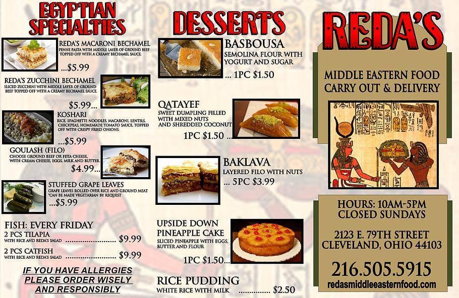 Menu at Reda's Middle Eastern Restaurant, Cleveland