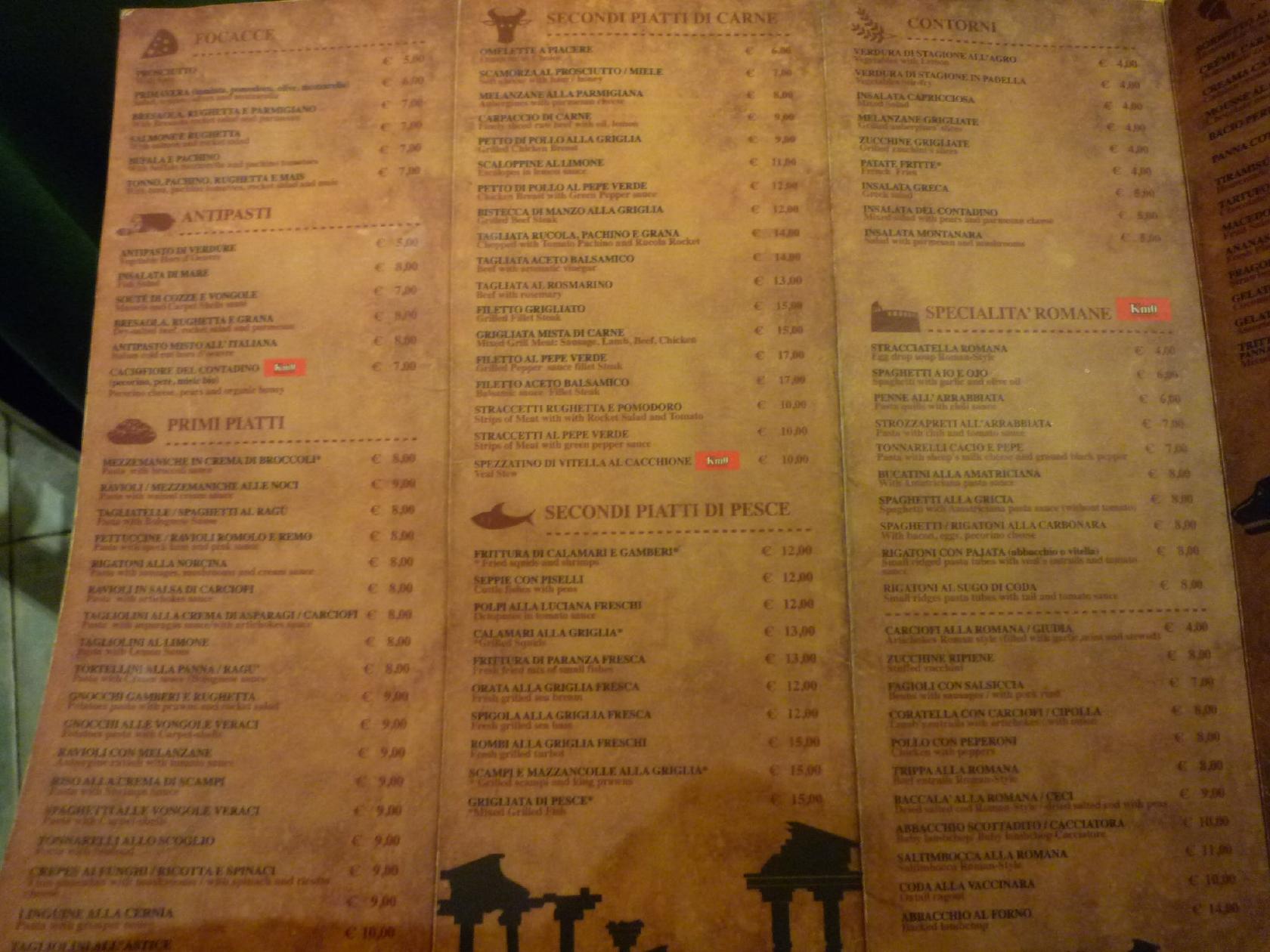 Menu da Ristorante Romolo e Remo, Roma, Via Pannonia