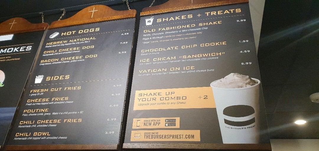 Menu at The Burger's Priest restaurant, Toronto, Dufferin St