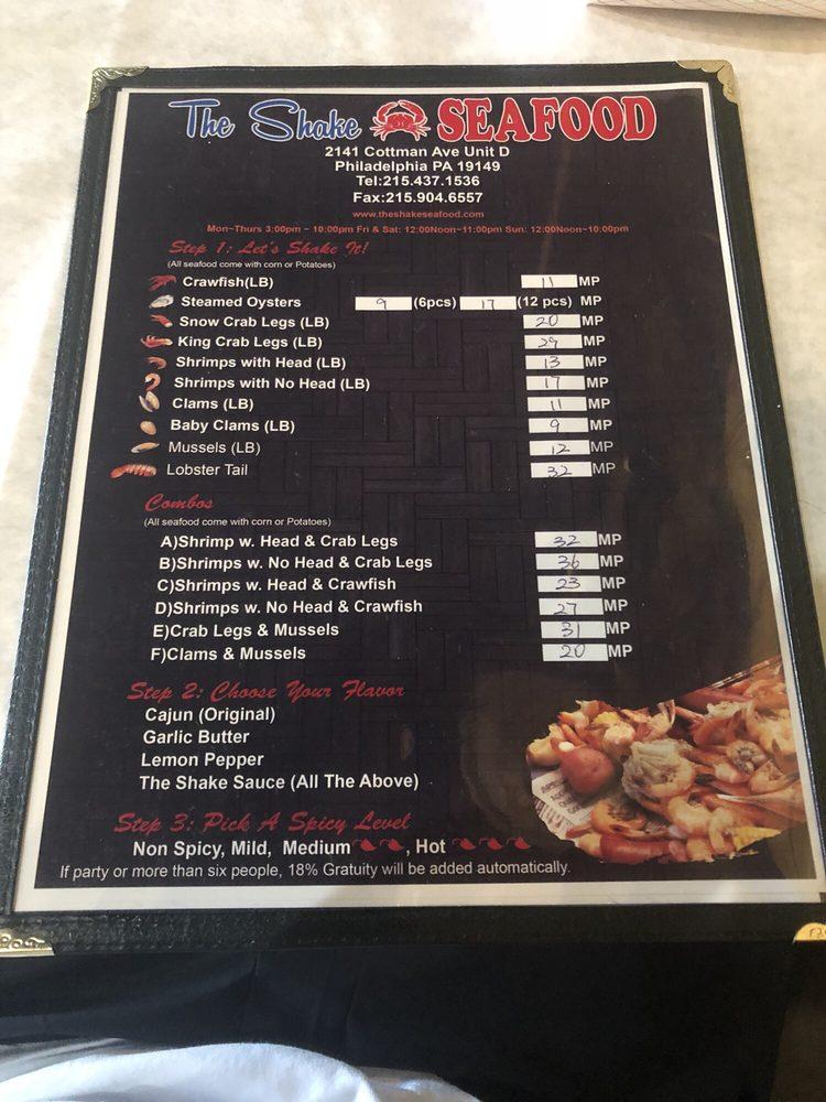 Carta del restaurante The Shake Seafood, Filadelfia, Cottman Ave Unit D