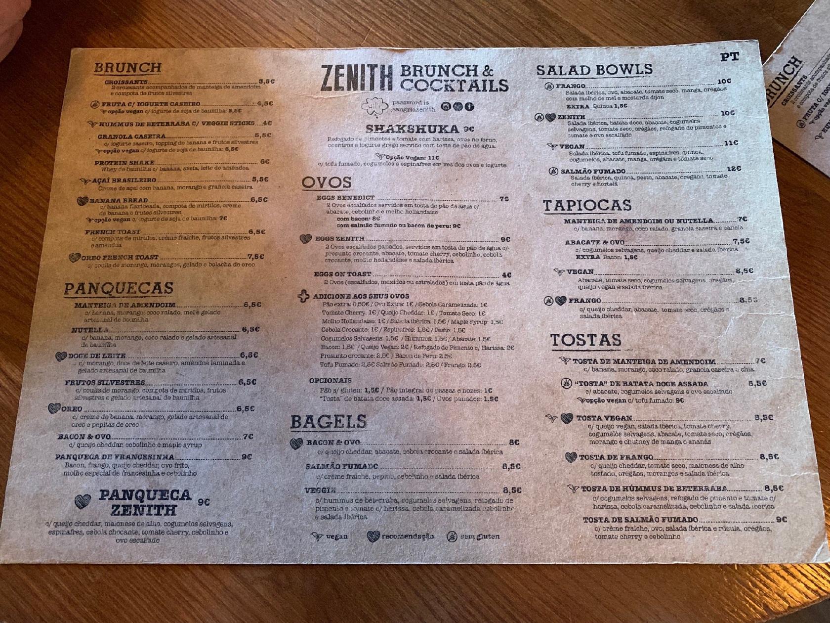 Menu at Zenith - Brunch & Cocktails Bar, Porto, Praça de Carlos Alberto 86