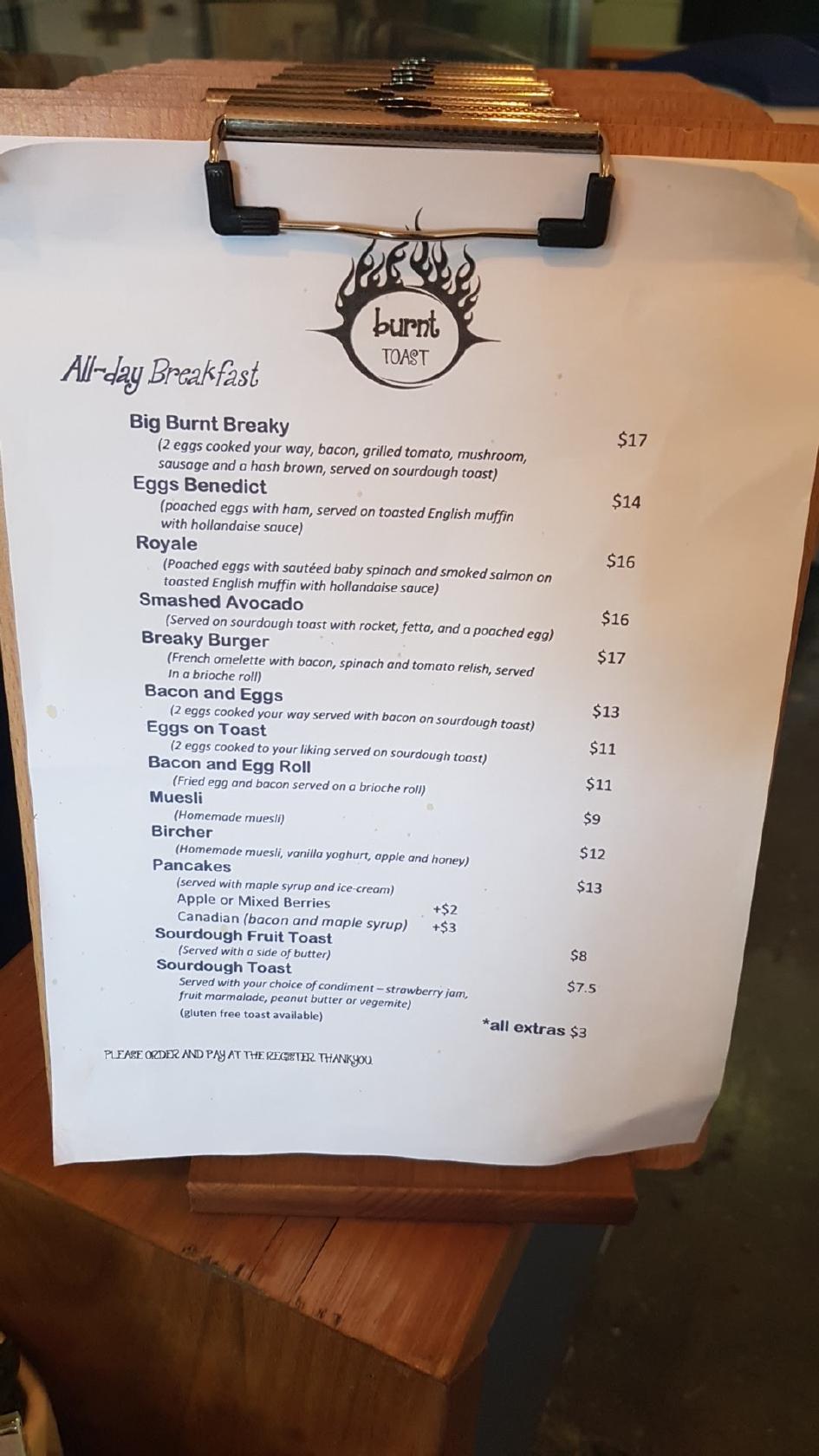 Menu at Burnt Toast restaurant, Cape Woolamai