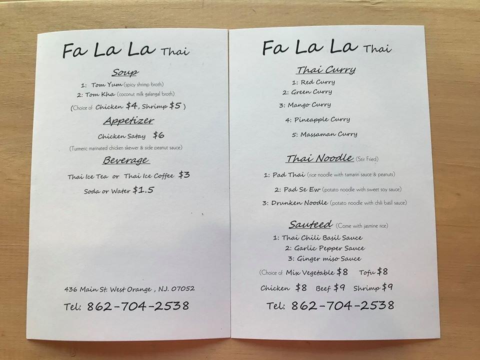 Menu at Fa La La Thai restaurant, West Orange