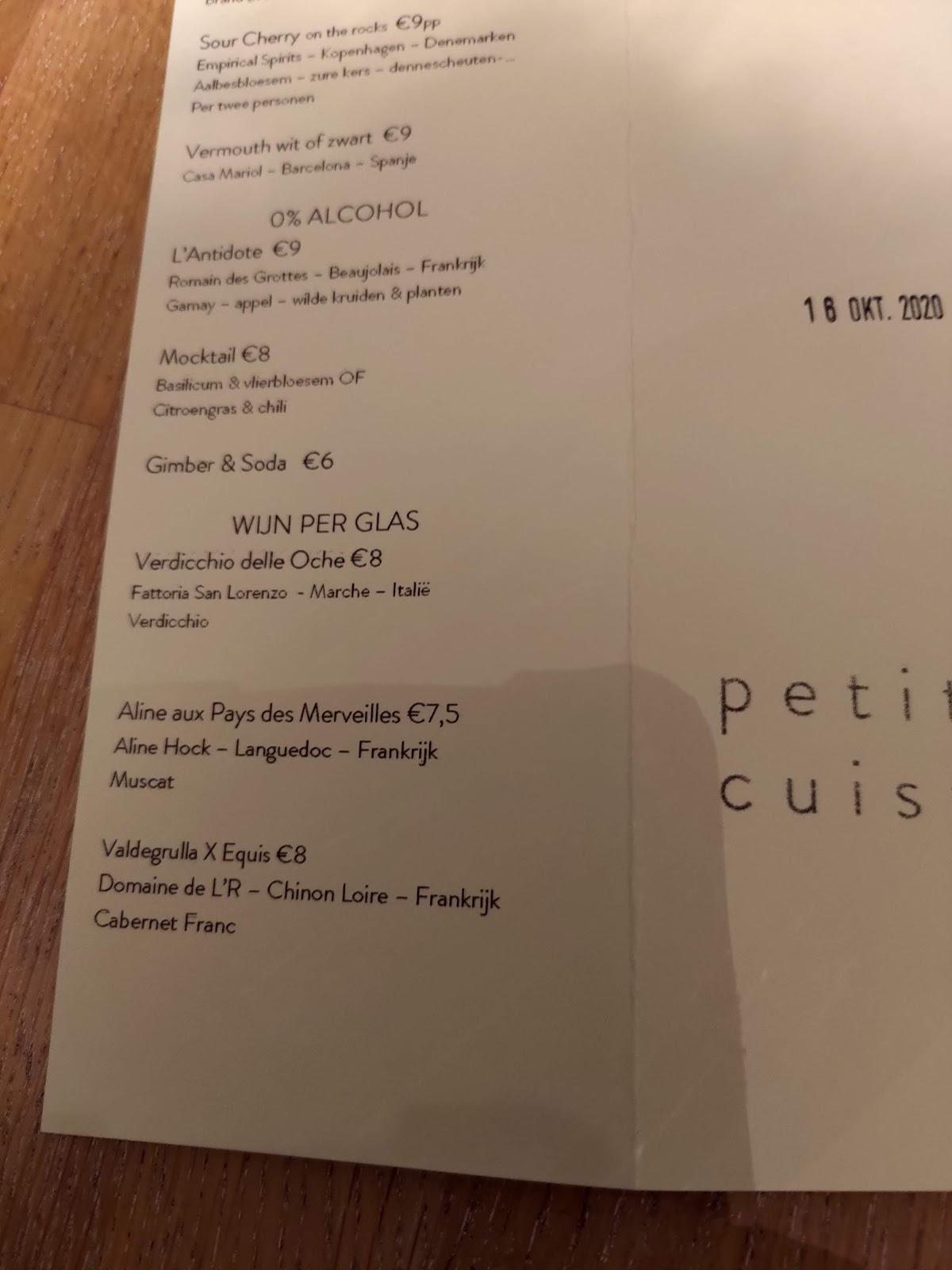 Menu at Neon Restaurant, Lier, Antwerpsestraat 146