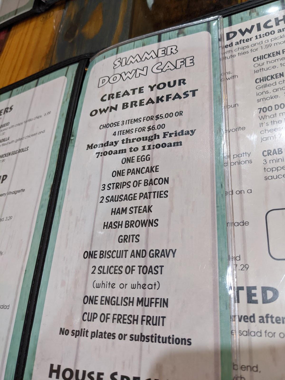 Menu at Simmer Down Cafe, Georgetown