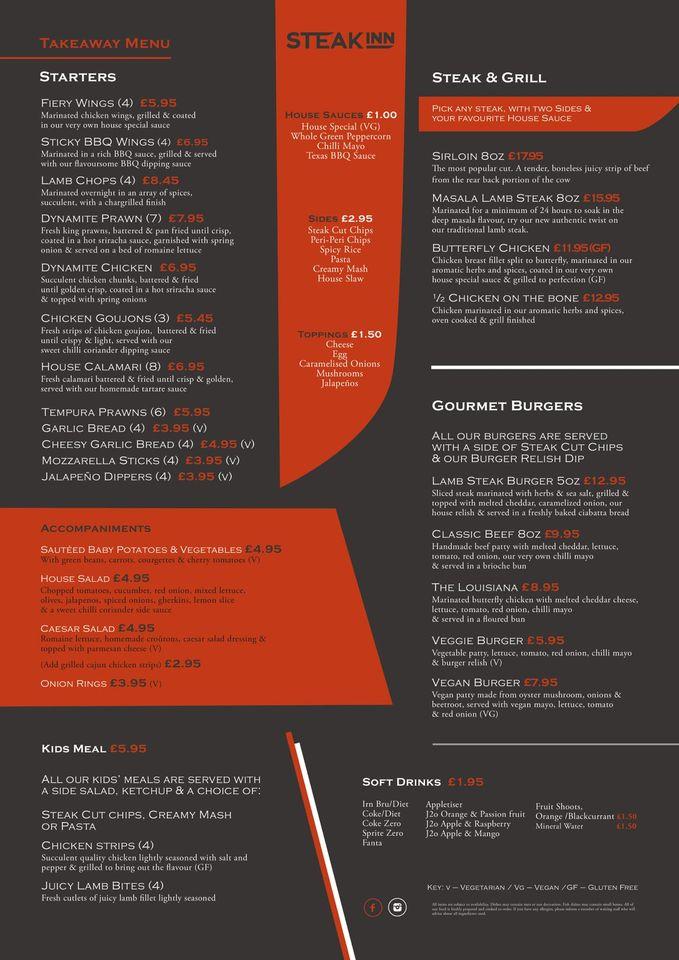 Menu at Steak Inn restaurant, Glasgow