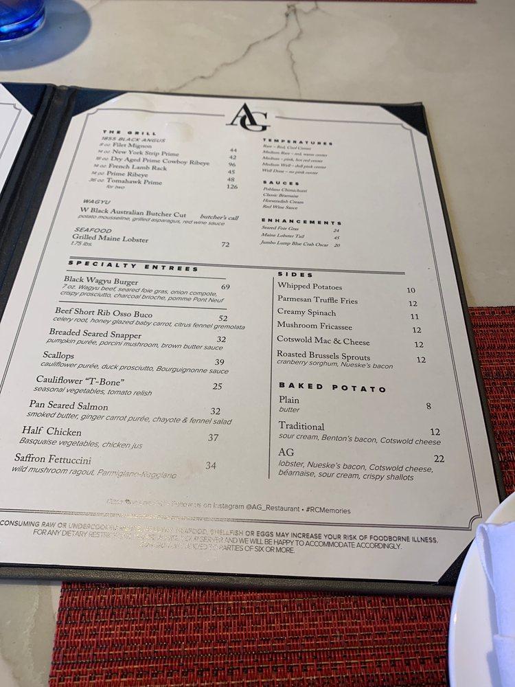 Menu at AG steakhouse, Atlanta, 181 Peachtree St