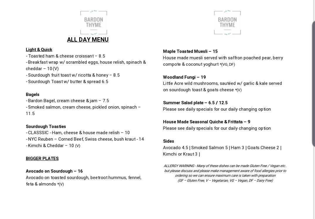 Menu at Bardon Thyme, Bardon